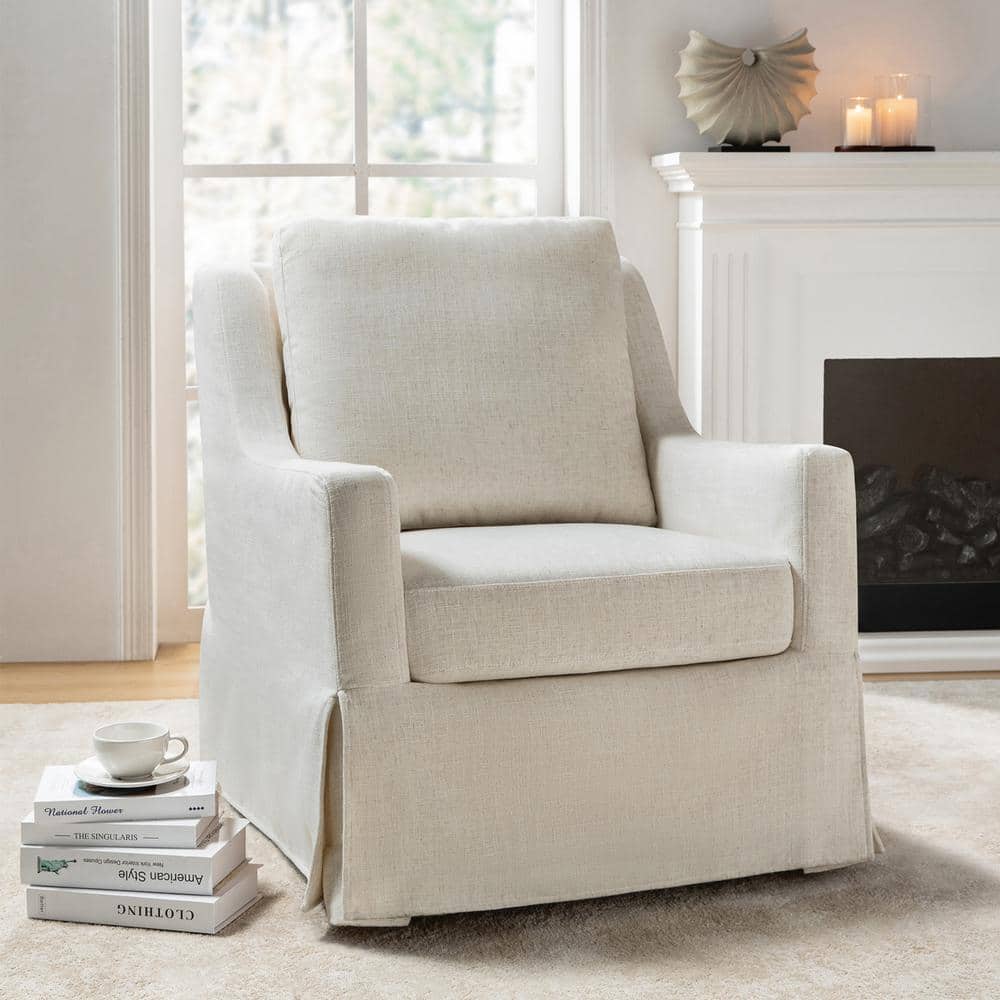 JAYDEN CREATION Stewart Ivory Traditional Slipcovered Swivel Chair with ...