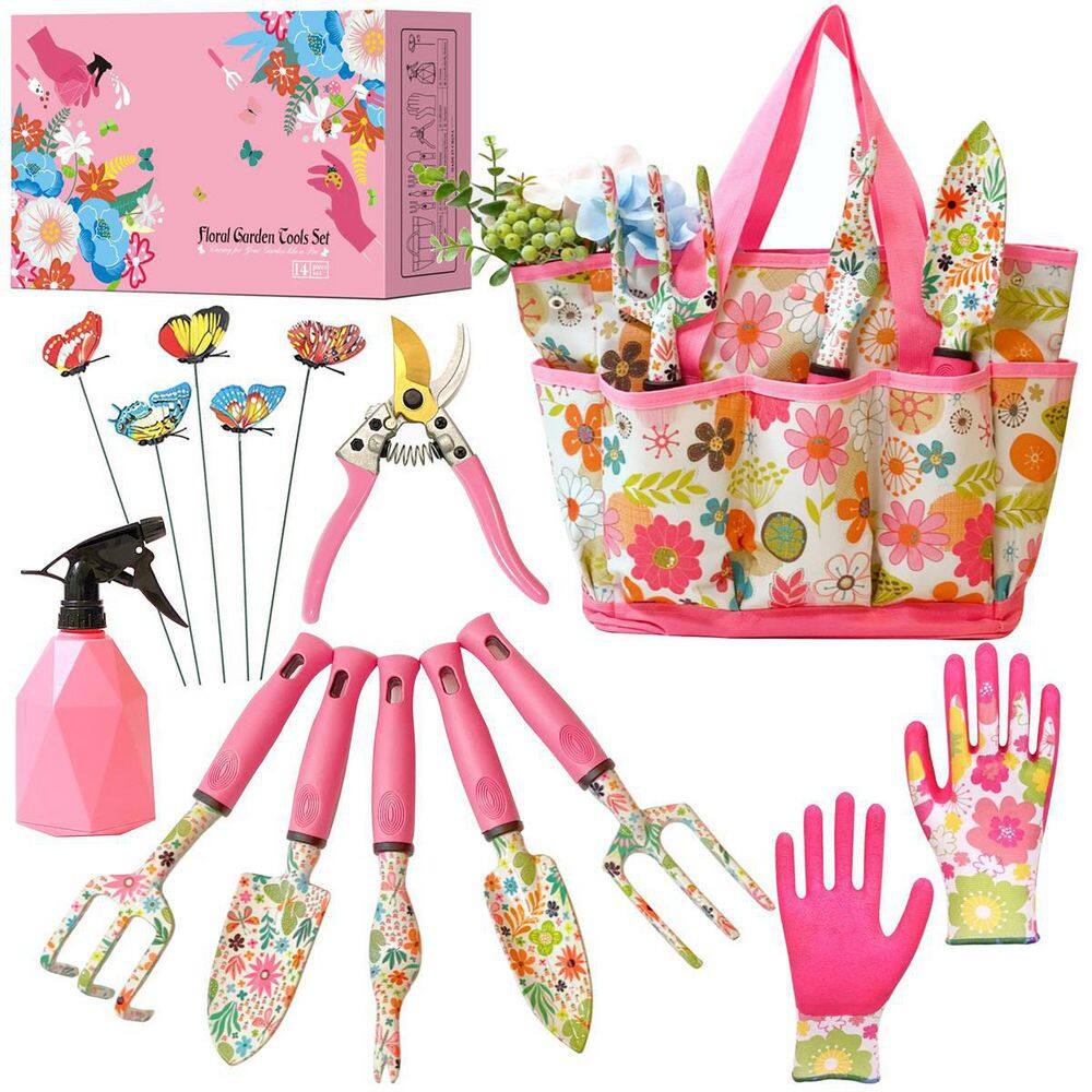 15-Piece Heavy-Duty Pink Floral Garden Tool Set with Storage Tote ...