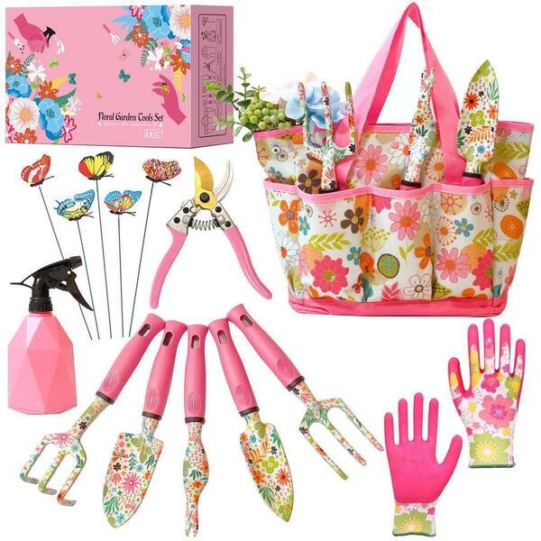 15-Piece Heavy-Duty Pink Floral Garden Tool Set with Storage Tote ...