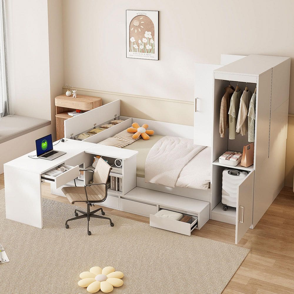 Noble House Axel Semi-Enclosed White Wood Frame Full Size Platform Bed ...