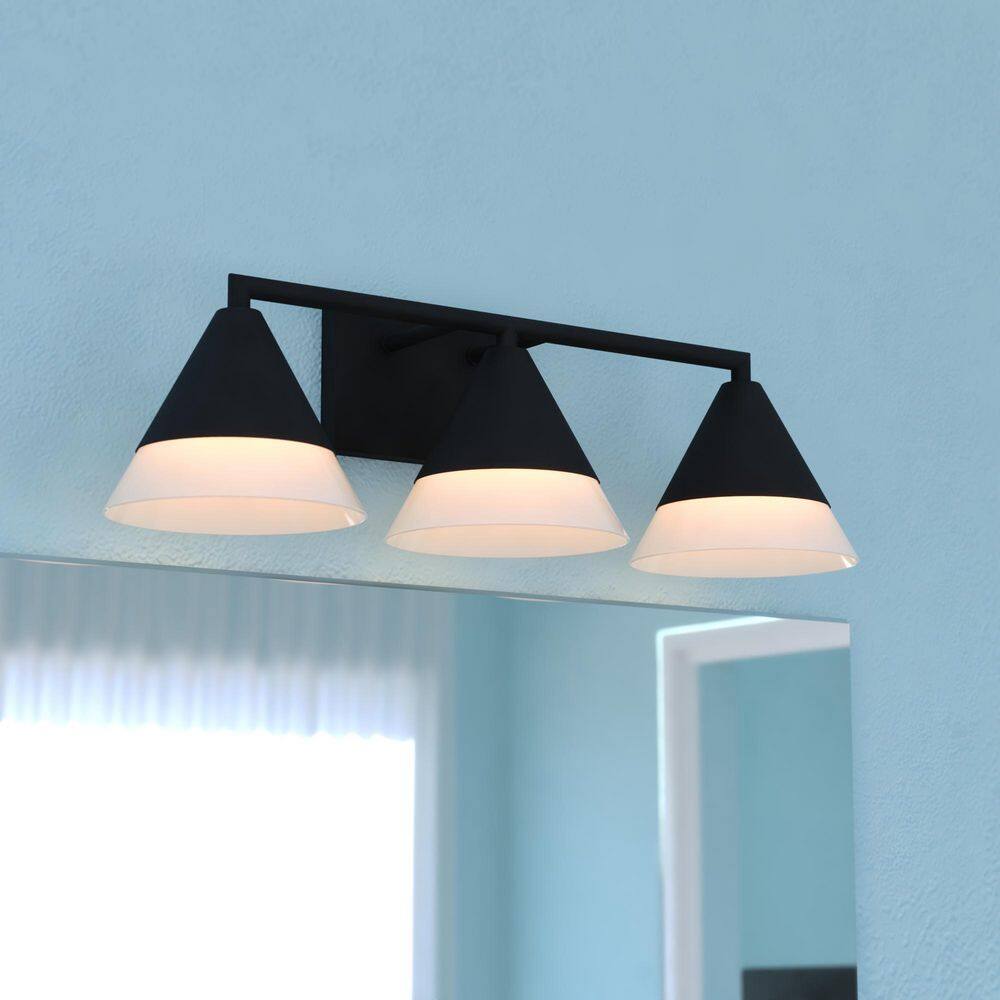 VAXCEL Winthrop 25.25 in. 3-Light Matte Black Vanity Light with Etched ...
