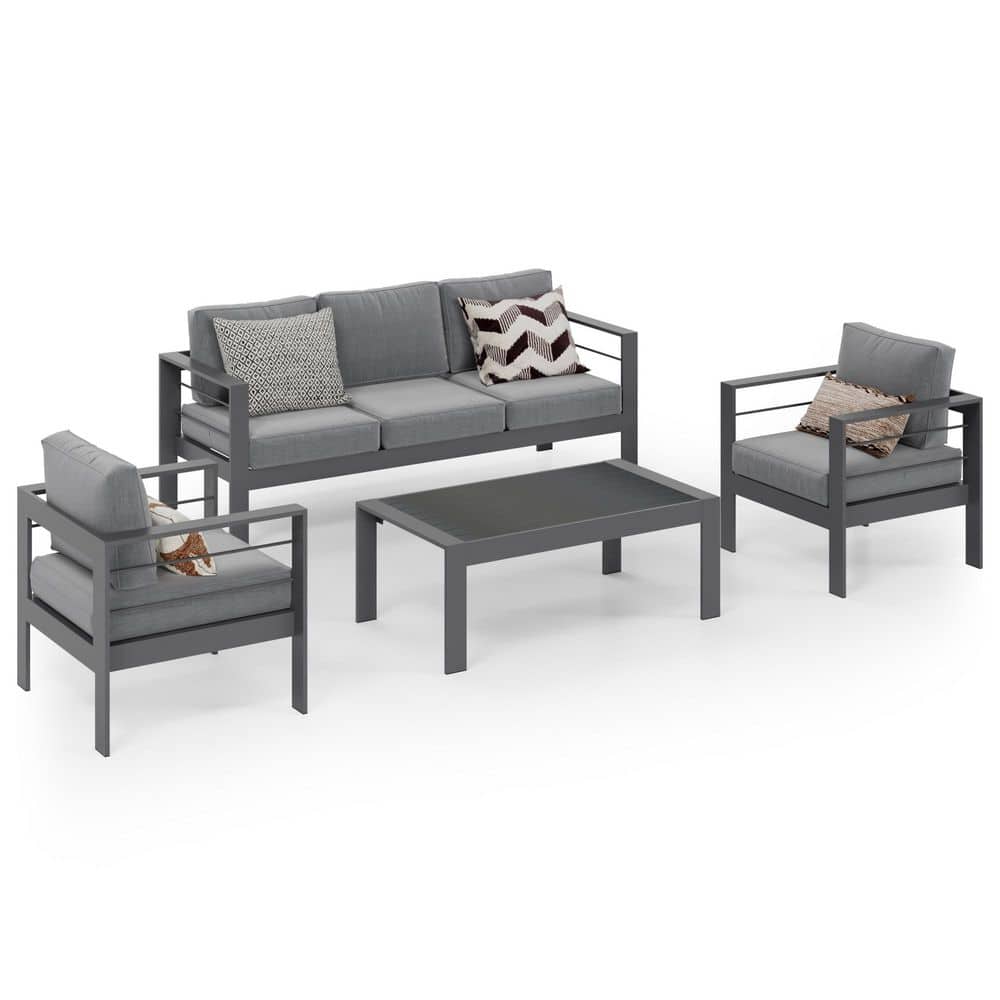 SUNVIVI Patio 4-Piece Aluminum Conversation Set with Gray Cushions and ...