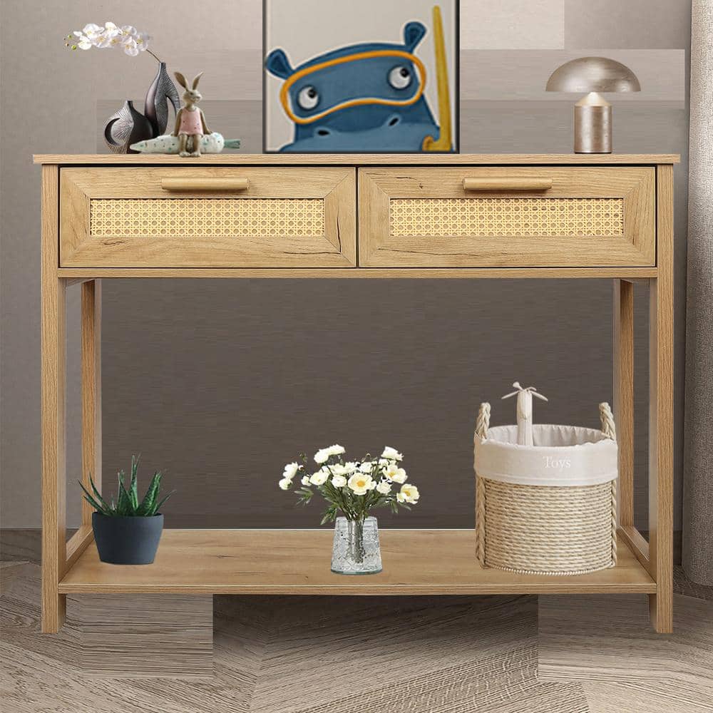 CIPACHO 39.4 in. Natural Rectangle Particle Board Console Table with 2-Drawers ZZ1673YC04 - The ...