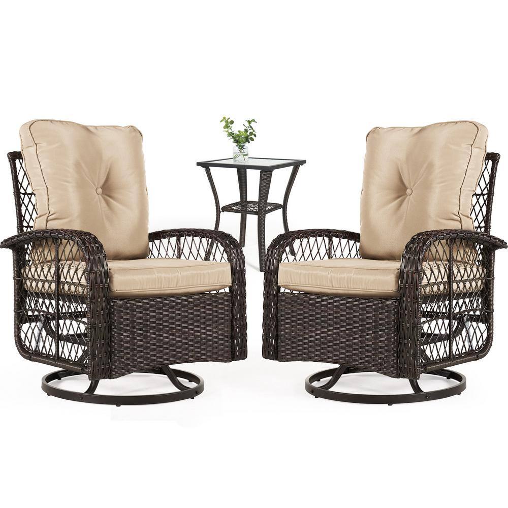 Sizzim 3-Piece Brown Wicker Outdoor Rocking Chair Set Outdoor Swivel ...