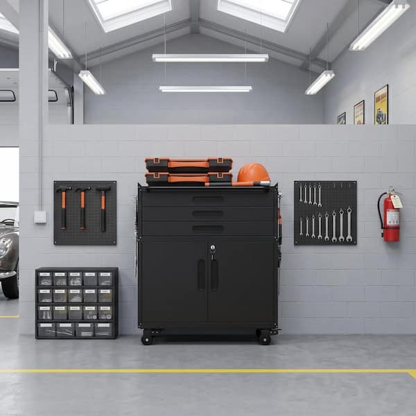 Boyel Living 3-Drawer 29.5 in. W Black Lockable Tool Storage Cabinet ...