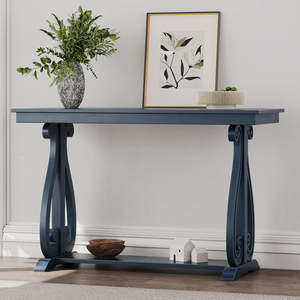 LUCKY ONE 48 in. Navy Blue Vintage Rectangular MDF Console Table with ...