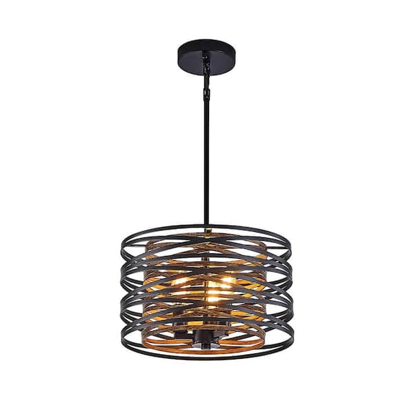 PUDO 13 in. 3-Light Walnut Rustic Industrial Pendant Light with 2 Down ...