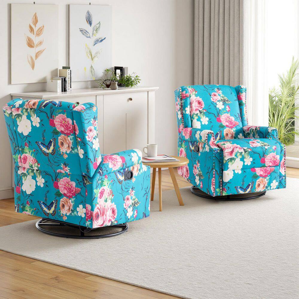 Uixe Peacock Blue Linen Swivel Upholstered Metal Base Manual Recliner ...