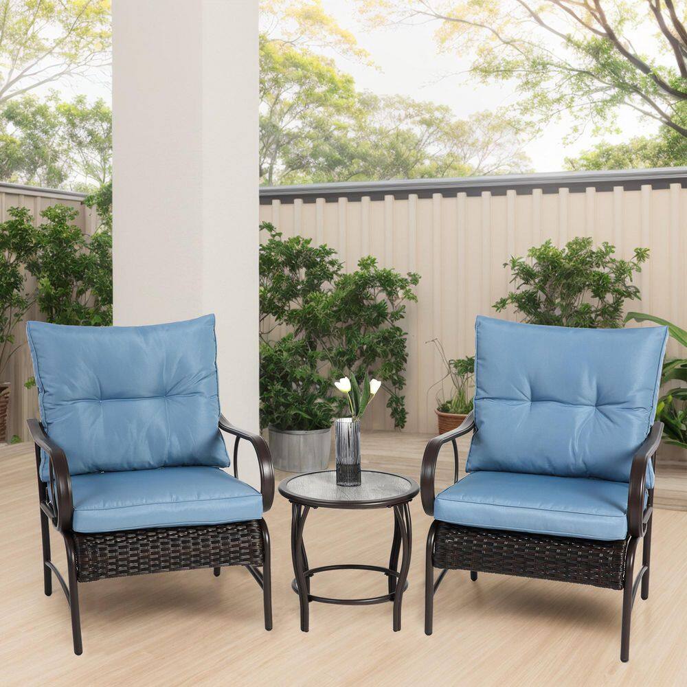 EPIPHANY DOUBLED INC 3 Pieces Blue Wicker Outdoor Furniture Sets Patio Lounge Chair with Coffee ...