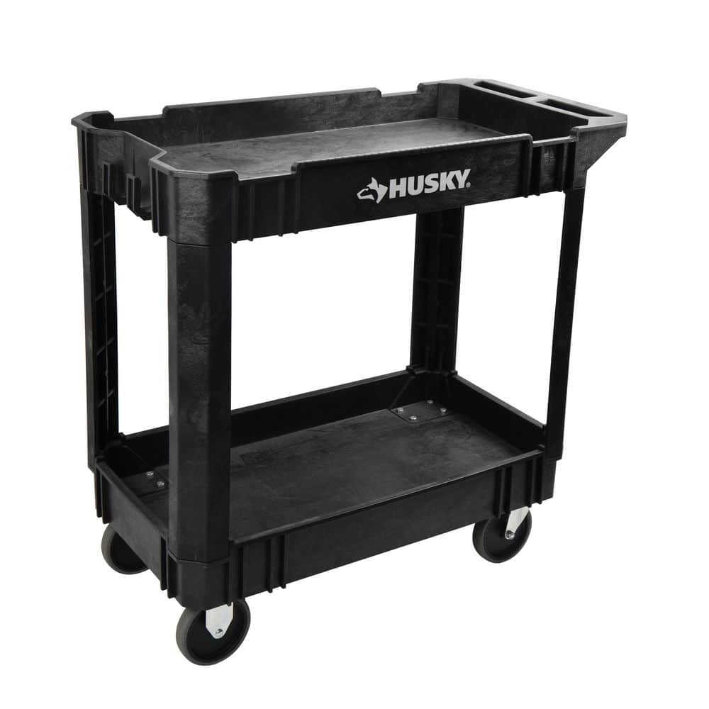 Husky 2-Tier Plastic 4-Wheeled Service Cart in Black 12603 - The Home Depot