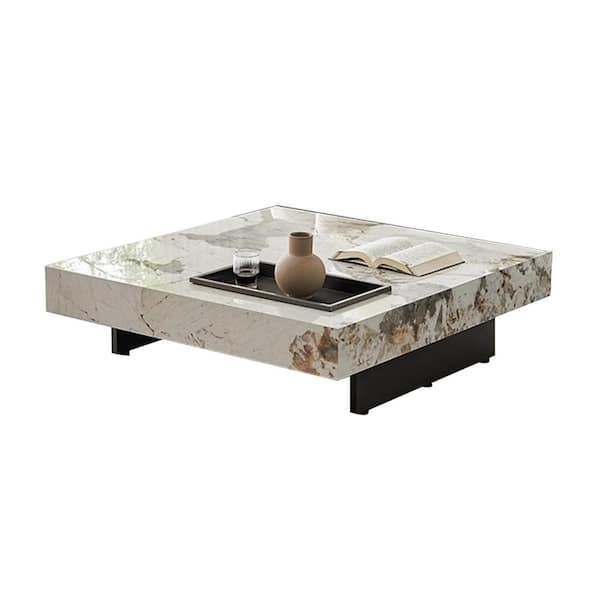 JASIWAY White 39.37 in. Square Rock Plate Stone Top Coffee Table J ...