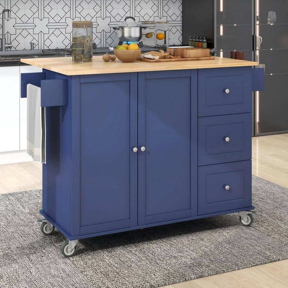 Malwee Dark Blue Solid Wood Top 52.7 in. Kitchen Island with Drop Leaf ...
