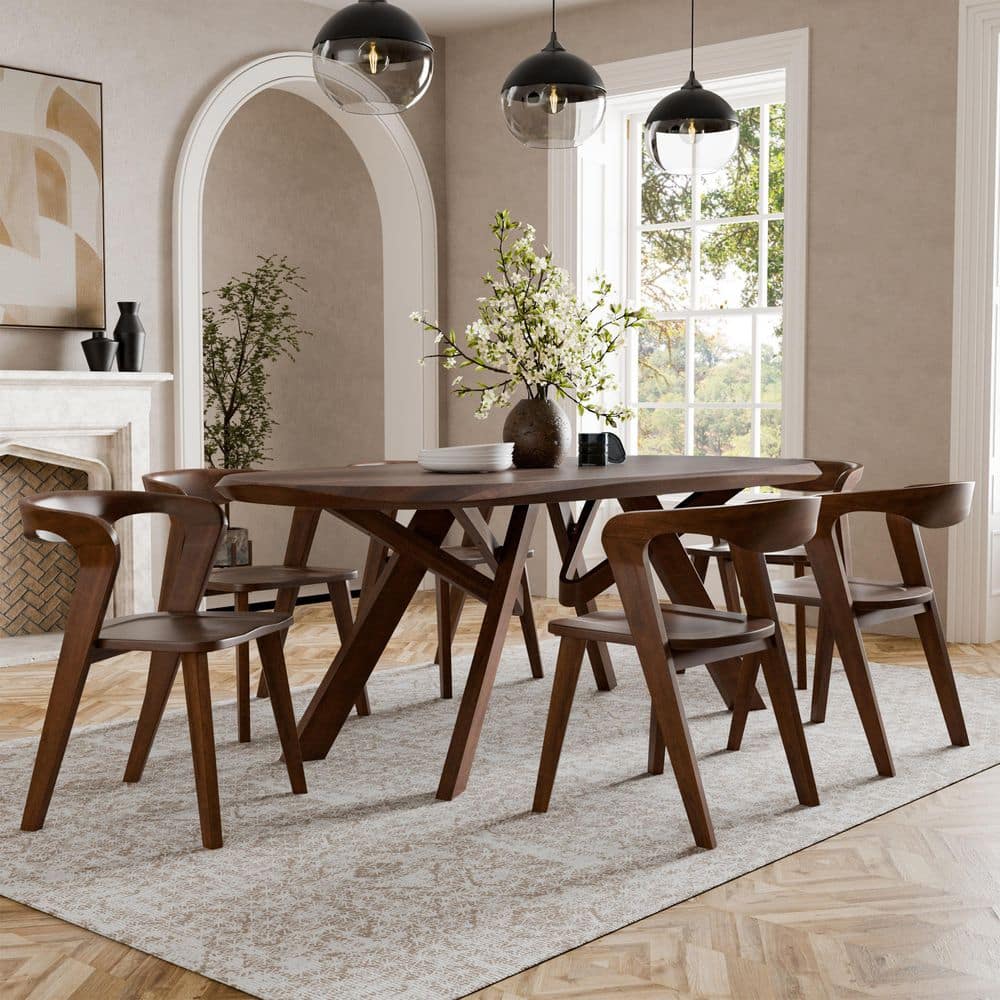 Furniture of America Shelun VI 7-Piece Oval Rich Walnut Wood Top Dining Table Set (Seats-6 ...