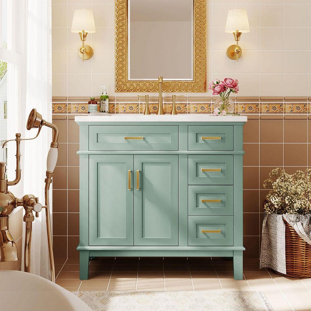 Qidian 36in.W x 18in.D x 35 in. H in Single Sink Freestanding GreenBath ...