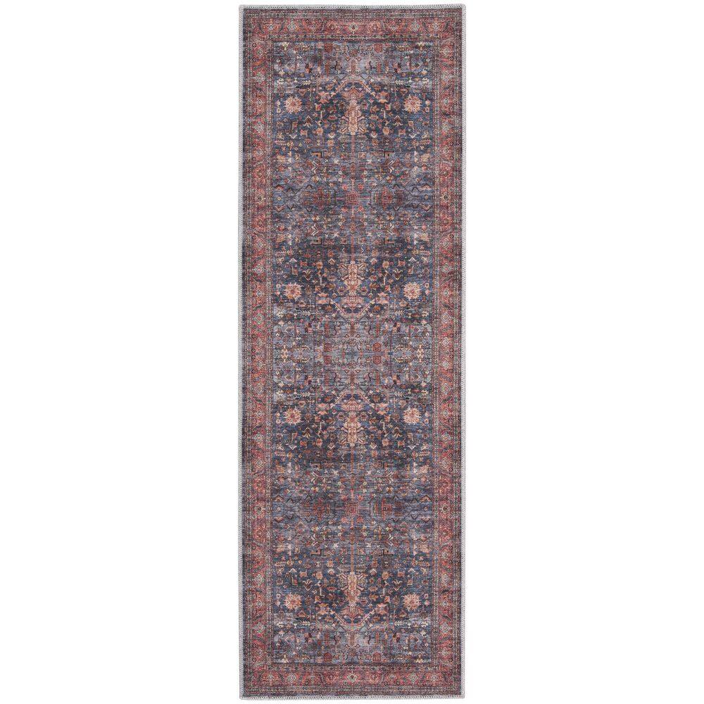Nourison Machine Washable Brilliance Navy/Brick 2 ft. x 6 ft. Floral ...