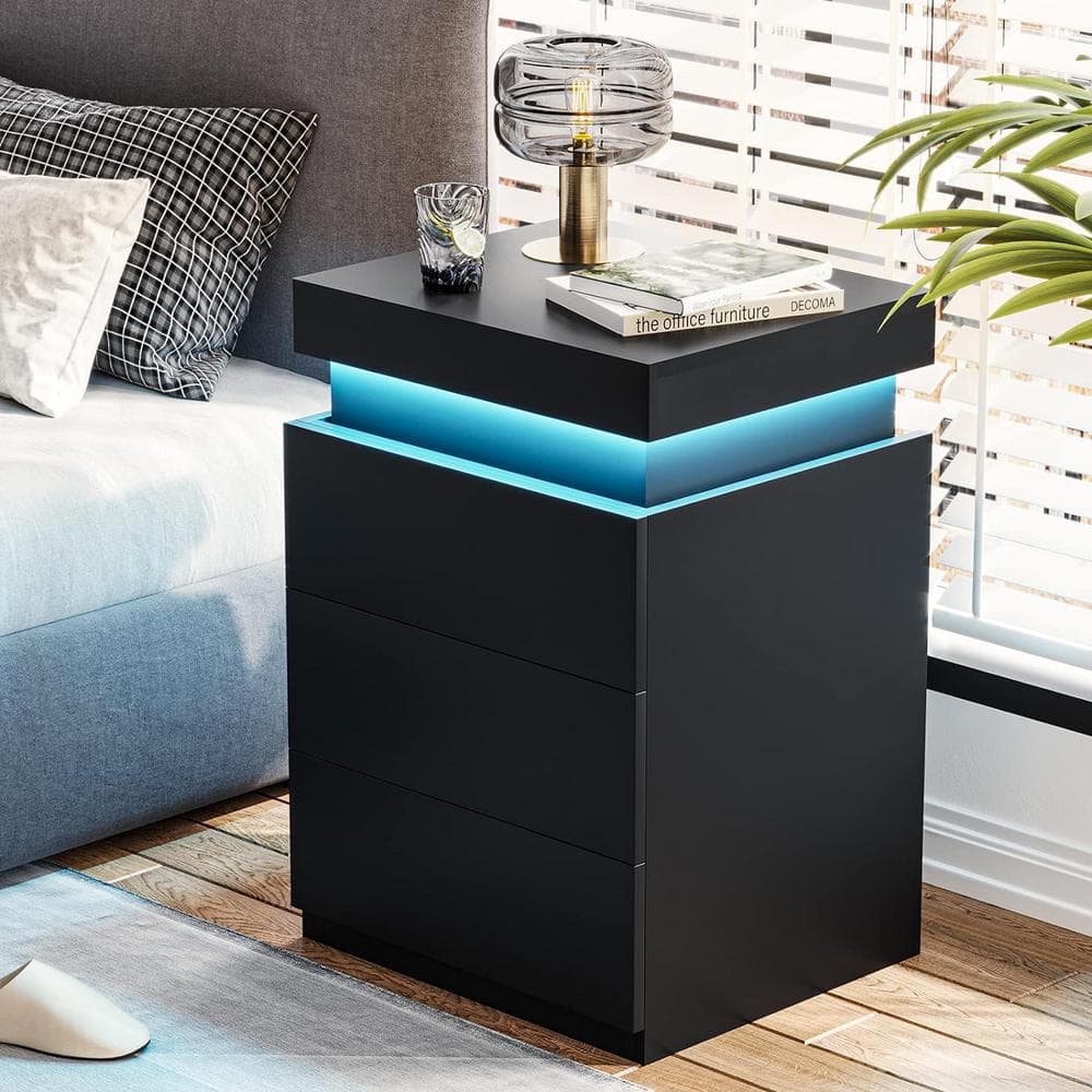 CSC DECOR INC Black 3 Darwer Nightstands with Multi-Colour LED Lights ...