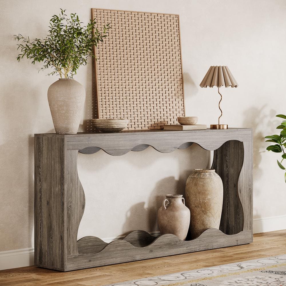 BYBLIGHT Turrella 63 in. Gray Rectangle Wood Farmhouse Console Table ...