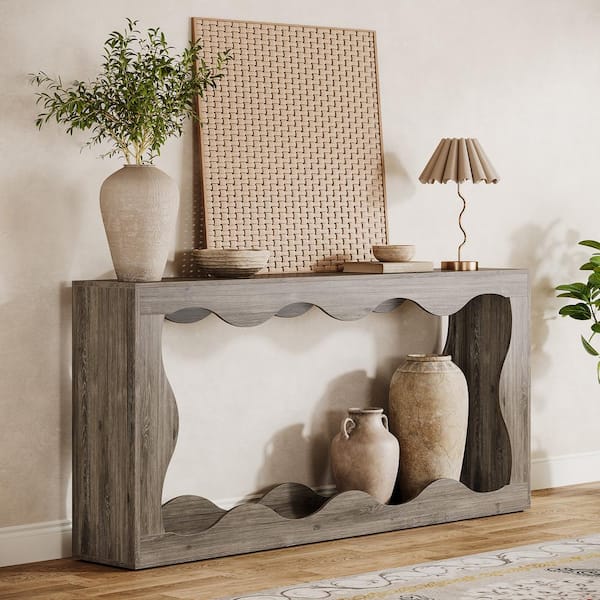 BYBLIGHT Turrella 63 in. Gray Rectangle Wood Farmhouse Console Table ...