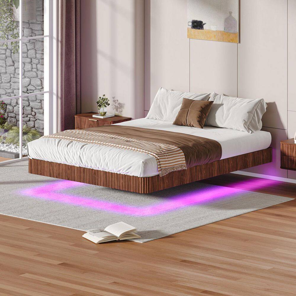 Brown Wood Frame Queen Floating Platform Bed Frame with LED Lights Wave ...