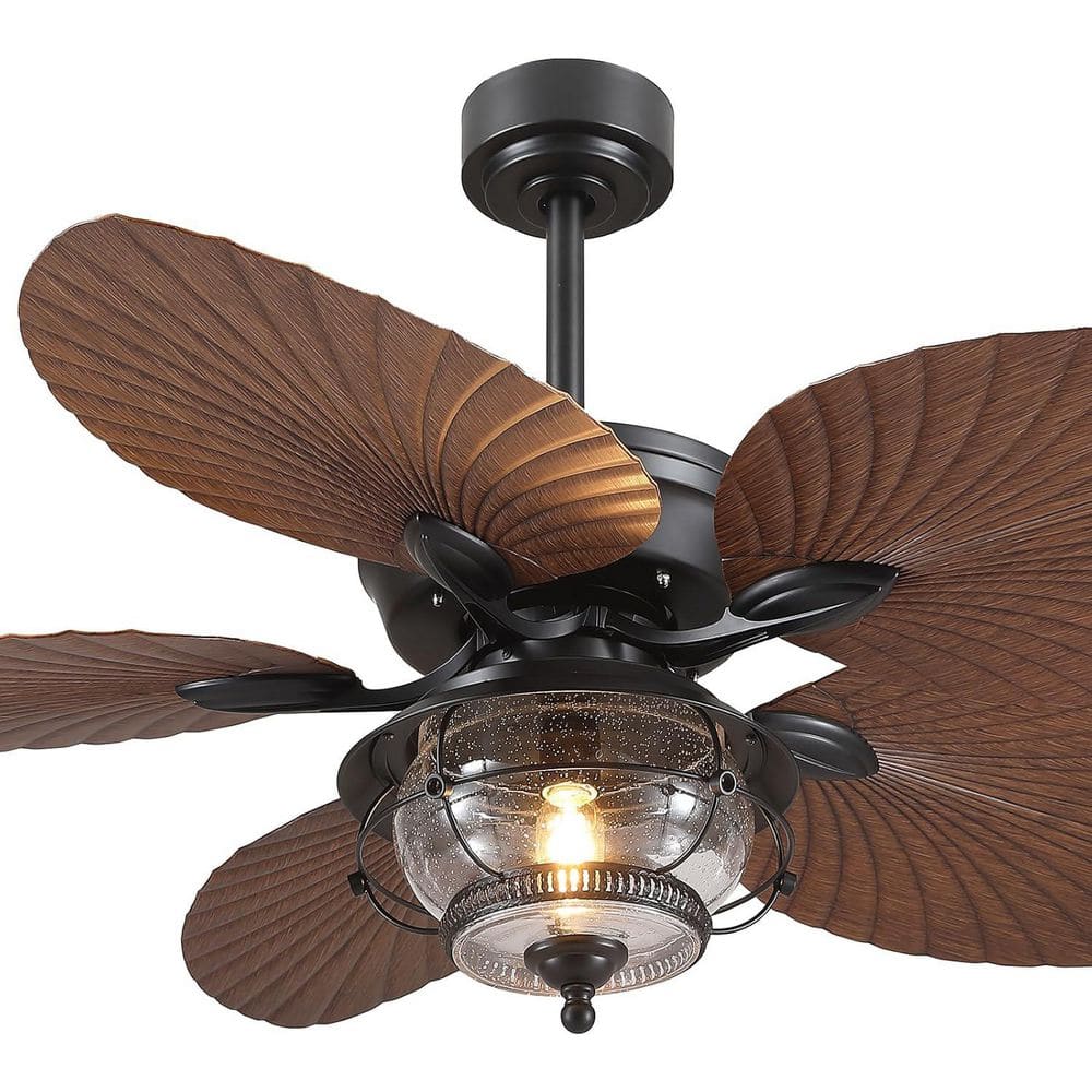 Kviflon 52 in. Indoor/Outdoor Dark Black 5 Palm Leaf Ceiling Fan with ...