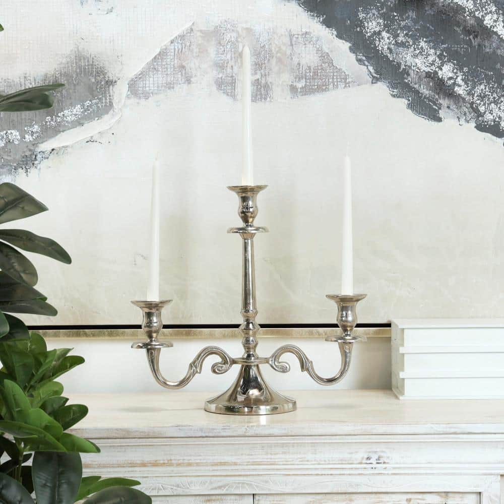 Litton Lane 14 in. Silver Aluminum Scrolled Candelabra with 3 Candle ...