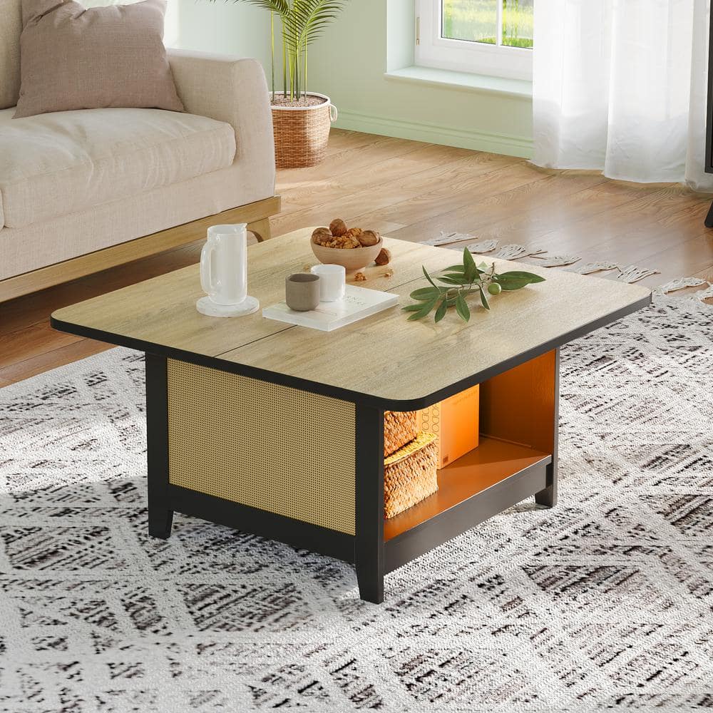 Bestier 35.43 in. Black Square LED Modern Composite Wood Ratten Coffee Table with Open Storage L600890E BLKG The Home Depot