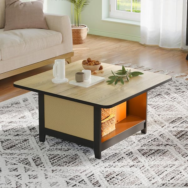 Bestier 35.43 in. Black Square LED Modern Composite Wood Ratten Coffee ...