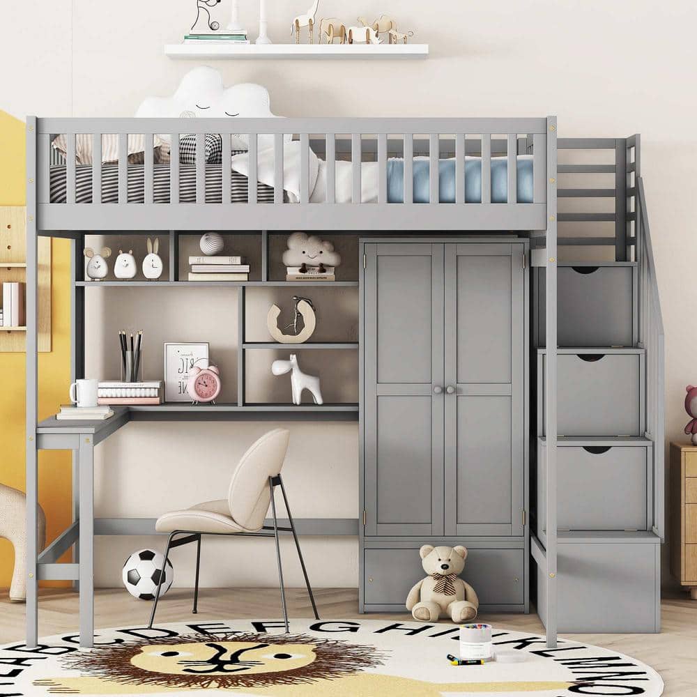 Polibi Full size Loft Bed with Bookshelf, Drawers, Desk, and Wardrobe-Gray RS-24325AAEF - The ...