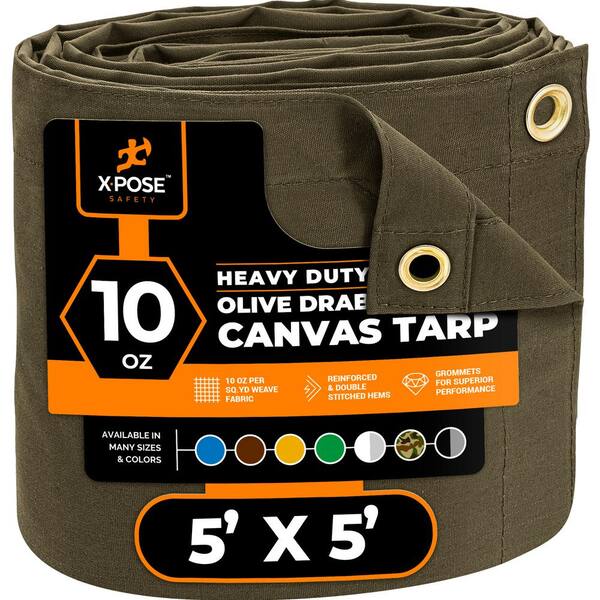 XPOSE SAFETY Canvas Heavy Duty 5 ft. W X 5 ft. L Olive Drab 10 oz. Tarp ...