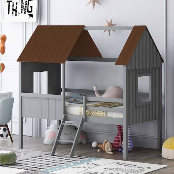 Polibi Gray/Brown Twin Size Wood Loft Bed with 2-Side Windows RD14-19422AAL - The Home Depot