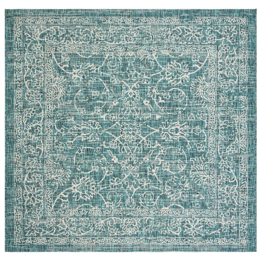 SAFAVIEH Courtyard Turquoise 5 ft. x 5 ft. Square Border Indoor/Outdoor ...