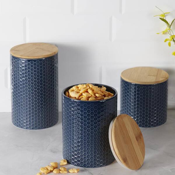 Home Basics Wave 3-Piece Ceramic Canister Set With Bamboo Tops, White ...