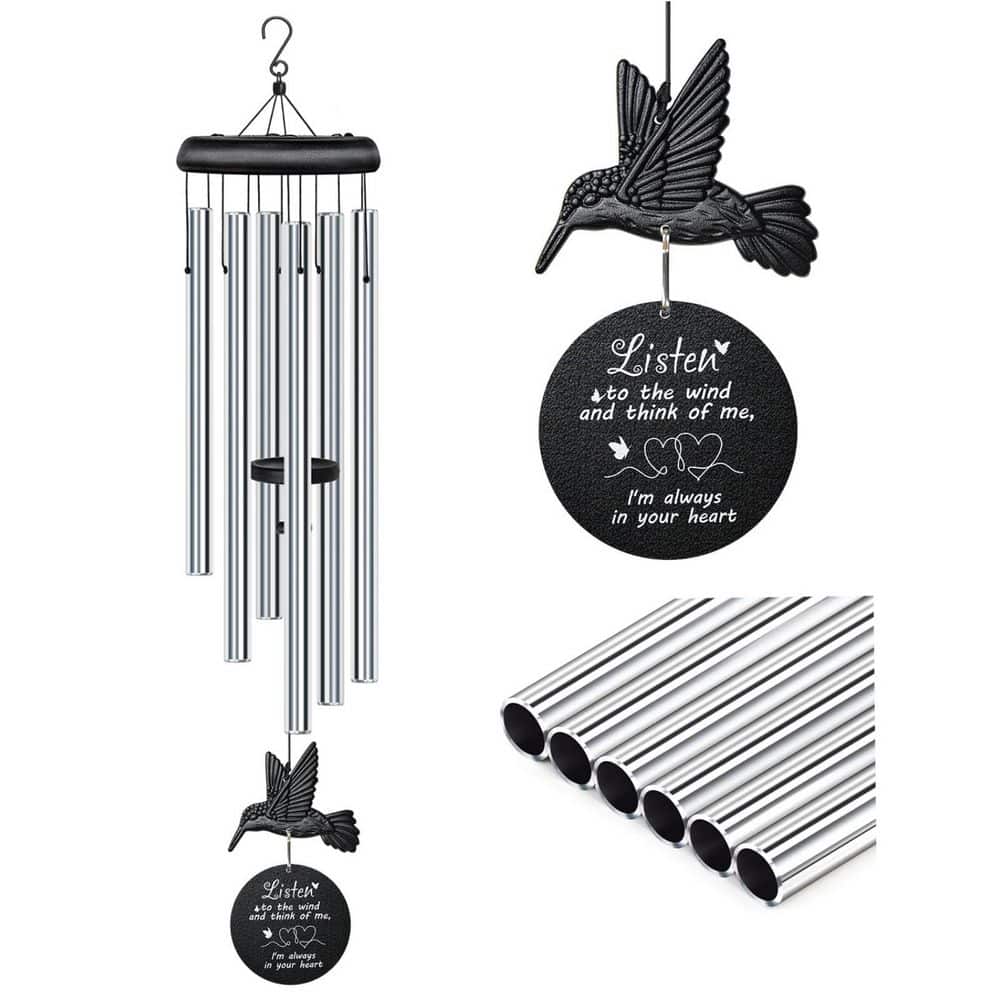 OGETFUUR 32 in. Silver Wind Chimes with Hummingbird Wind Spinner ...