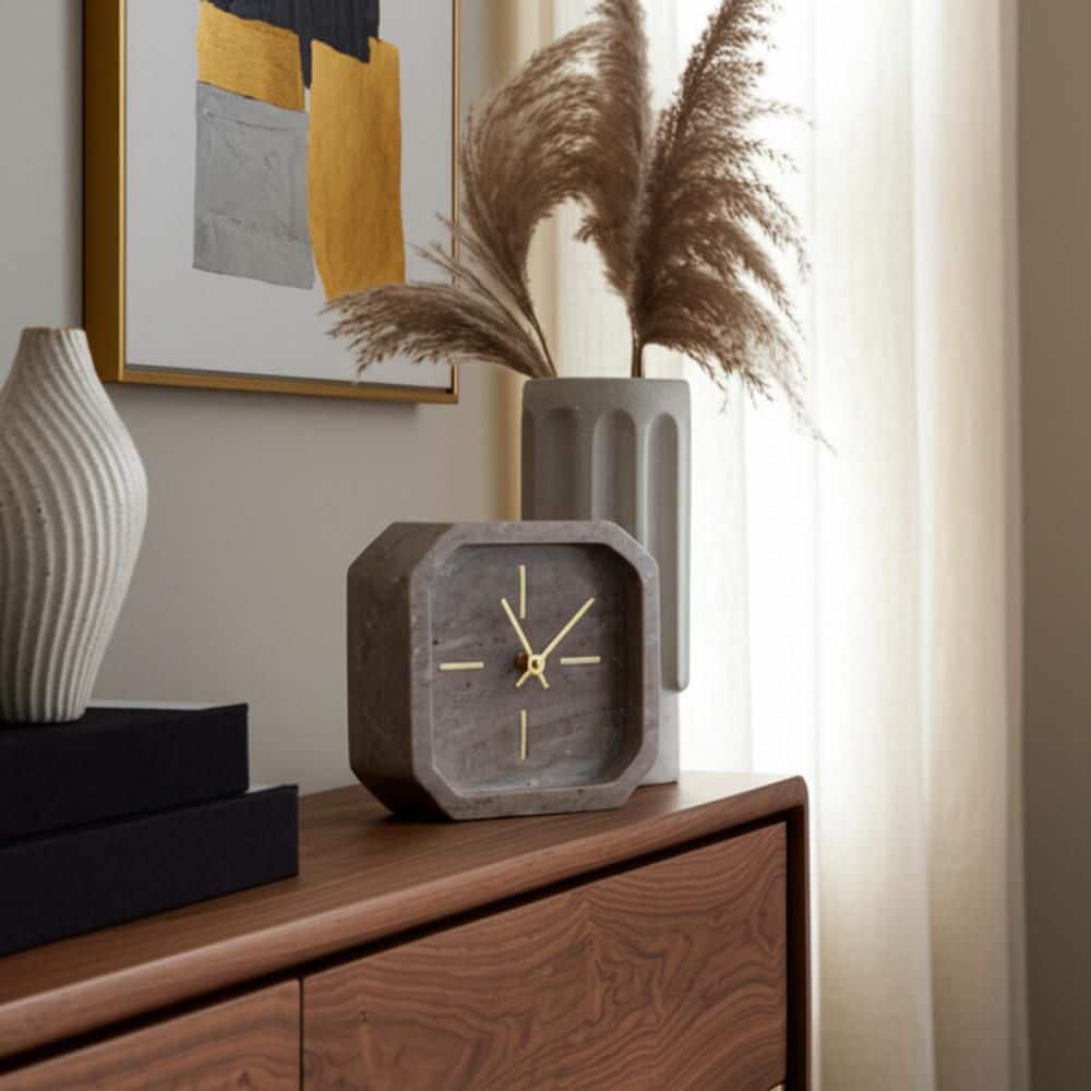 Liv & Skye Brown Gold Marble 6 in. H Modern Octagon Table Clock 21234 ...