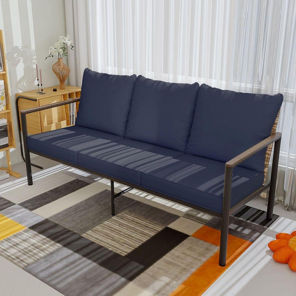 LATTOY Wicker Outdoor Chaise Lounge with Blue Cushions HD2-FLA-D-X02 ...