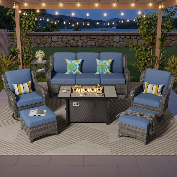 XIZZI Bali 7 Pieces Wicker Outdoor Patio 42 in. Rectangular Fire Pit ...