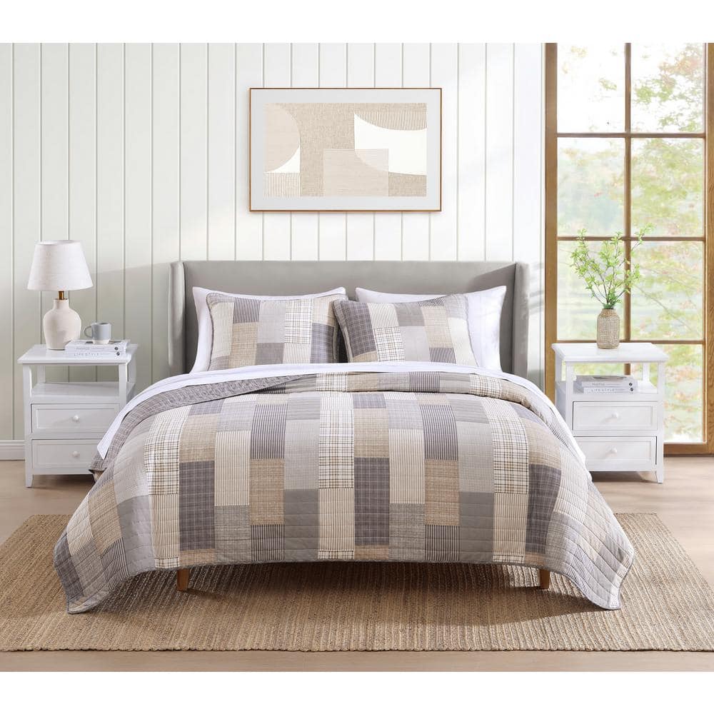 HOME RETREAT Lakeshore Plaid Grey Soft Cotton 3 Piece Quilt Set - Full ...