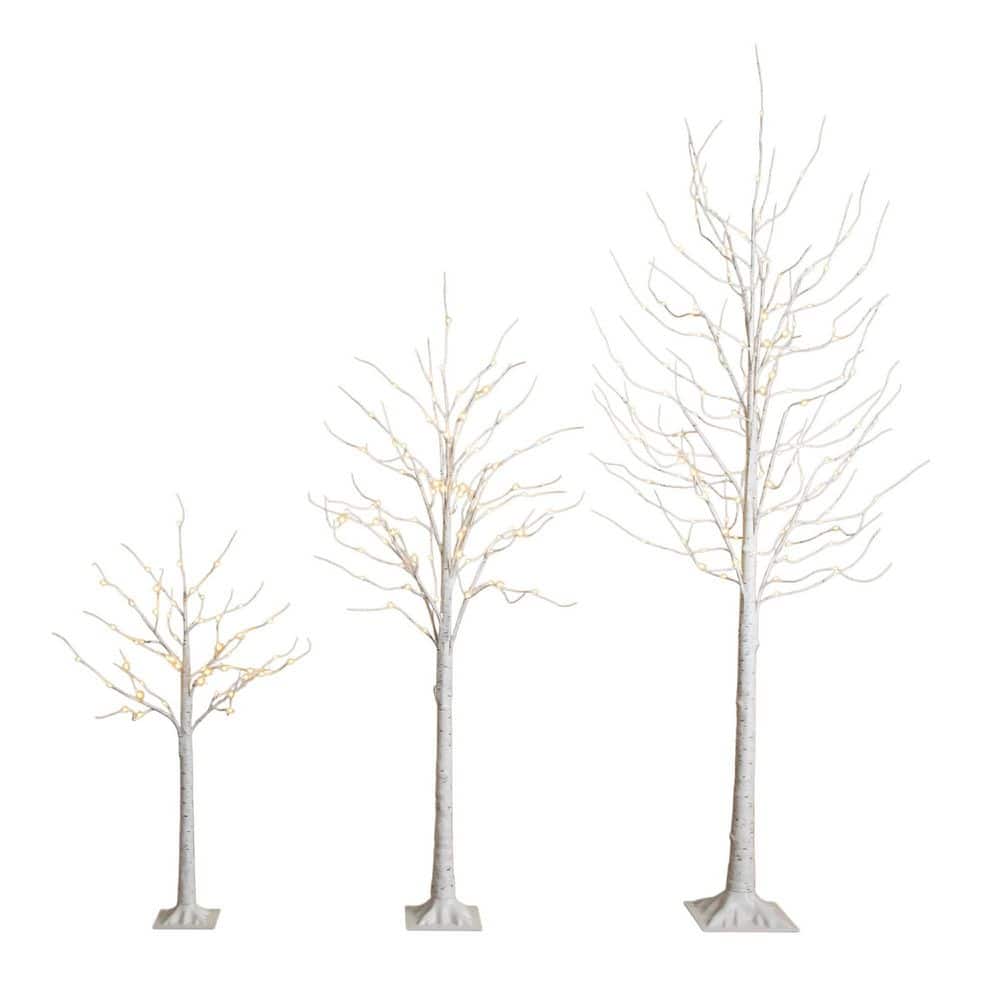 Nearly Natural 4 ft. 6 ft. 8 ft. Pre-Lit Artificial White Birch Trees ...