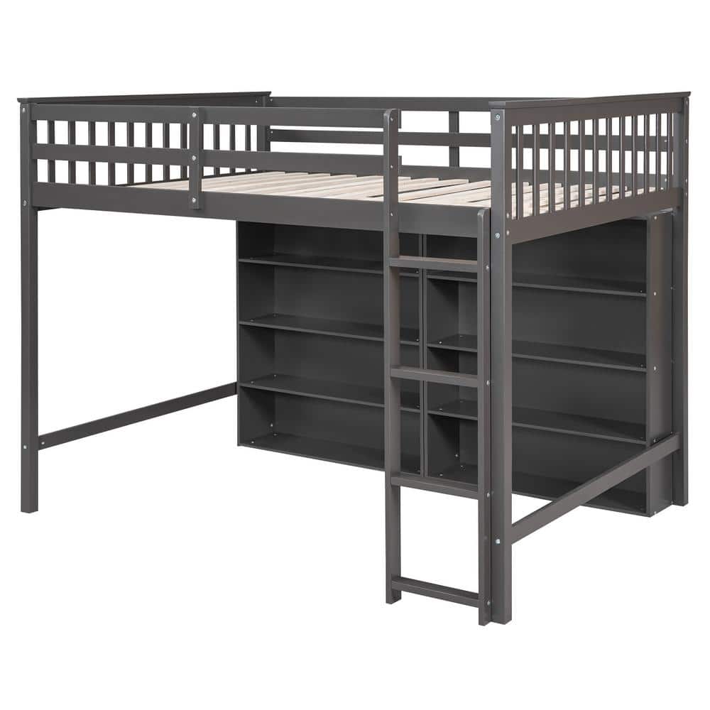 Nestfair Gray Full Size Wood Loft Bed with 8 Open Storage Shelves ...