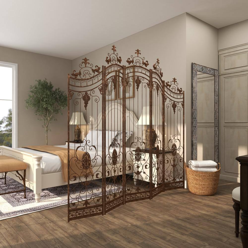 Litton Lane 7 ft. Bronze 5 Panel Hinged Foldable Arched Partition Room ...