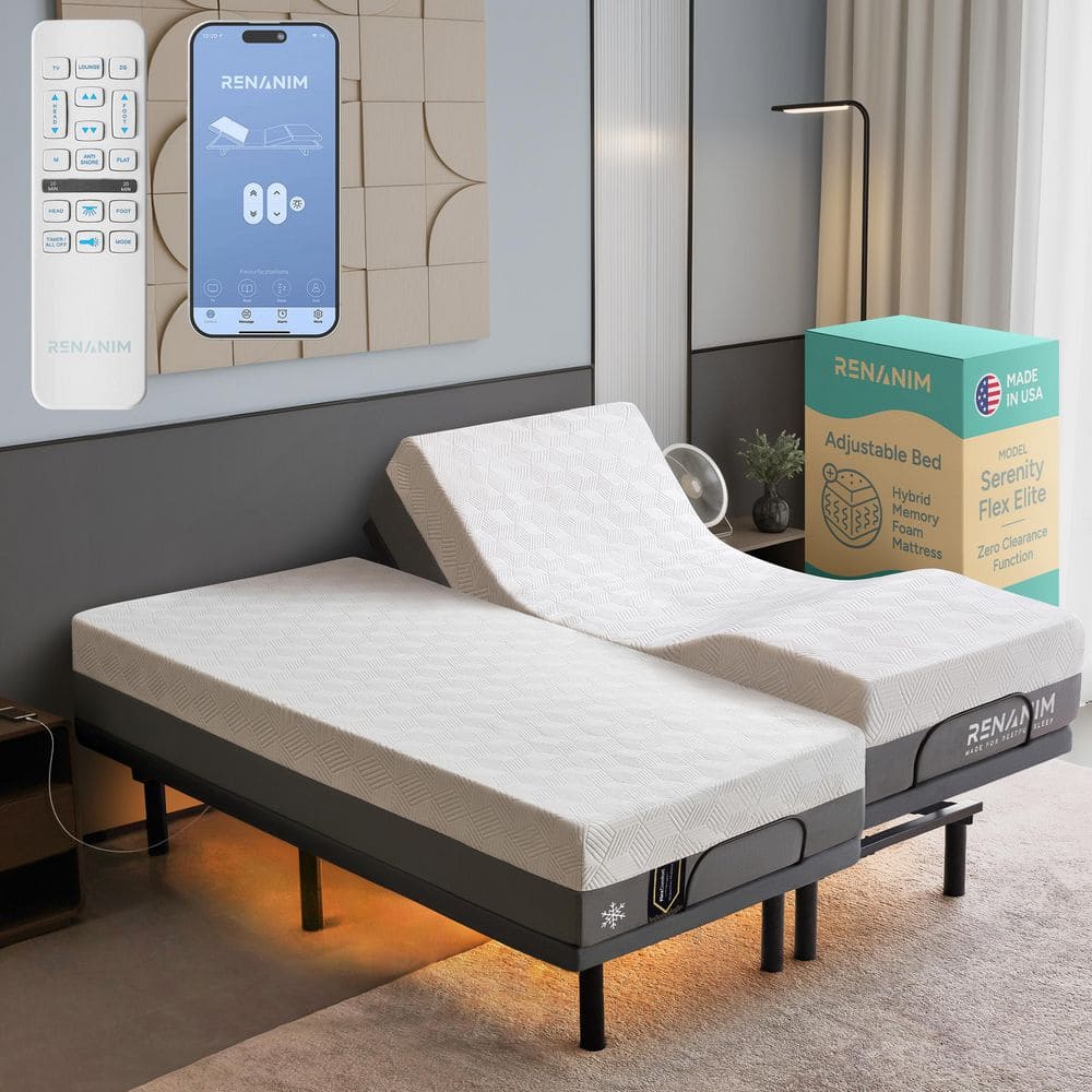 Renanim Gray SFE King - Split Adjustable Bed Frame + Firm Hybrid Memory ...