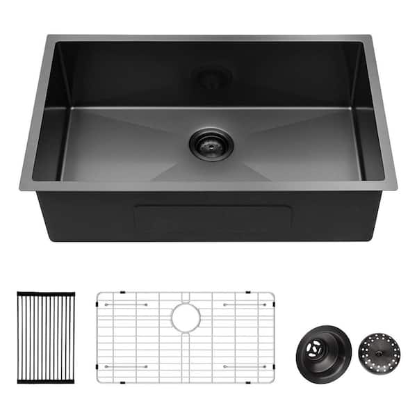 33 in. Undermount 16 Gauge Gunmetal Black Single Bowl Kitchen Sink with ...