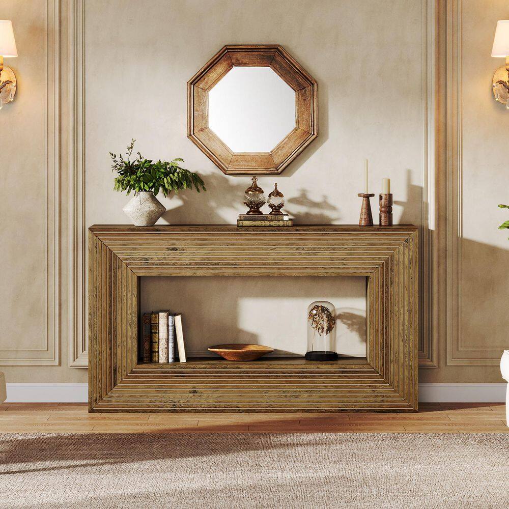 BYBLIGHT Turrella 59 in. Rectangle Farmhouse Brown Sofa Table, 2-Tier ...