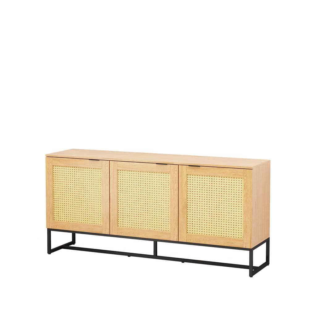 wetiny Natural Wicker Sideboard Storage Cabinet 63 in., with 3-Doors ...