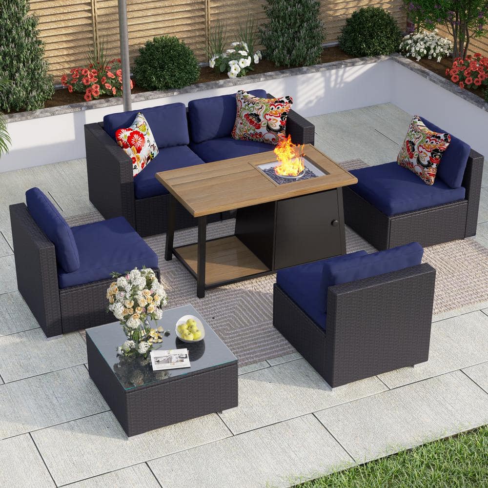 PHI VILLA Dark Brown Rattan Wicker 5 Seat 7-Piece Steel Outdoor Fire ...