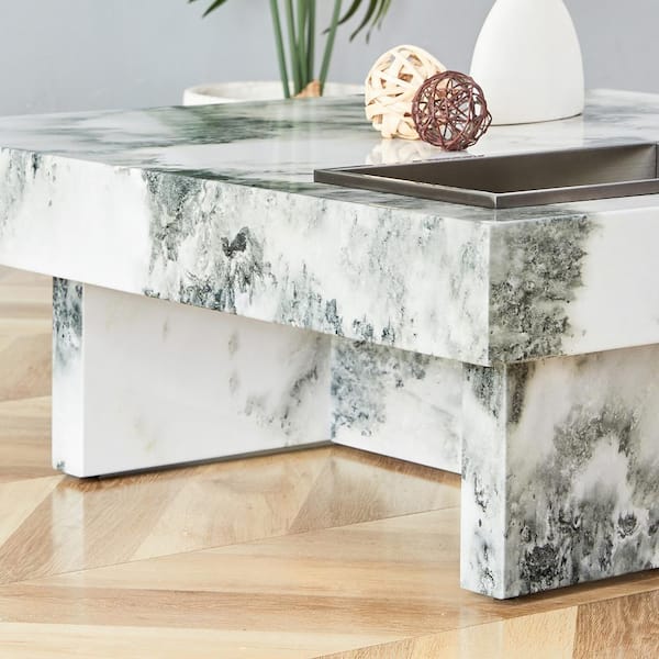 Polibi 31.4 in. Square Faux Marble Top Coffee Table with Storage for Living Room Light Grey RS B49NC B