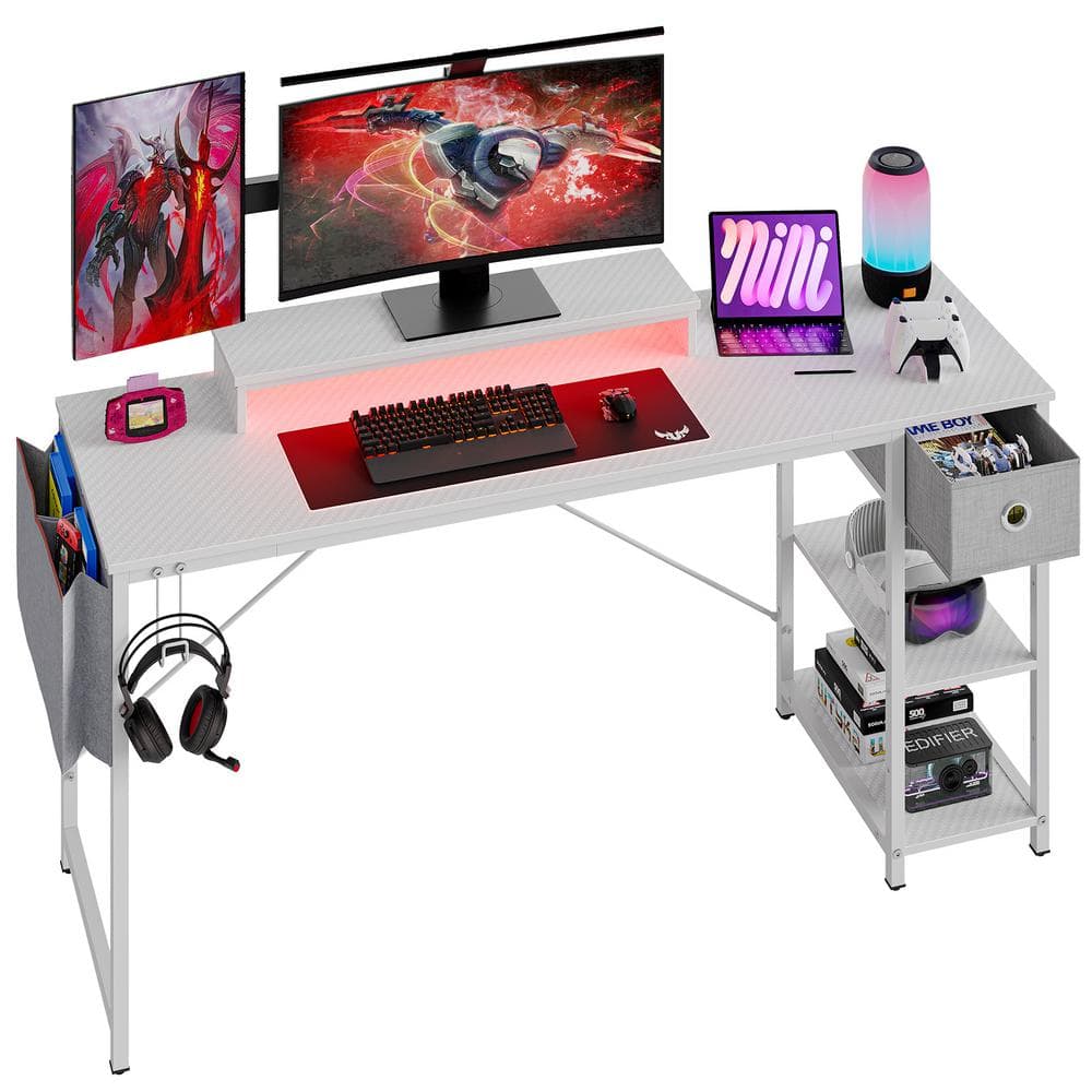 Bestier 61 in. Rectangular Reversible White Carbon Fiber Computer Desk ...