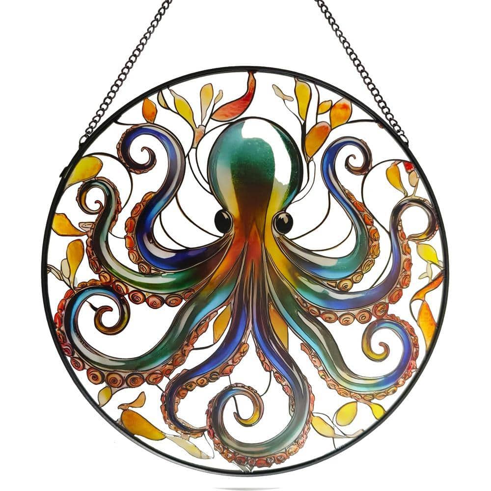 Angel Sar 9.8 in. Octopus Stained Glass Window Hanging Ocean Theme Wall ...