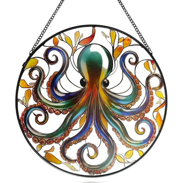Angel Sar 9.8 in. Octopus Stained Glass Window Hanging Ocean Theme Wall ...