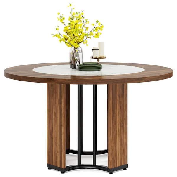BYBLIGHT 47 in. Round Walnut Brown Wooden Column Base Dining Table for ...
